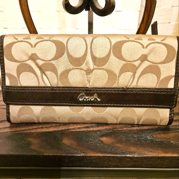 Coach | Bags | Coach Trifold Long Wallet Brown Leather Trim Signature C ...